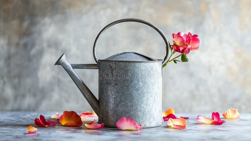 A Clean Watering Can Styled on a Smooth Surface with Fresh Flower Stock ...