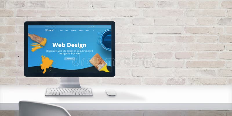 Clean Web Designer Desk with Computer Display and Modern Flat Design Web Site Teme with Web ...