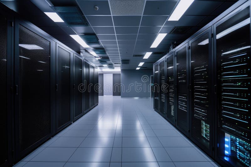 Clean and Well-lit Server Room, with Racks of Servers and High-tech ...
