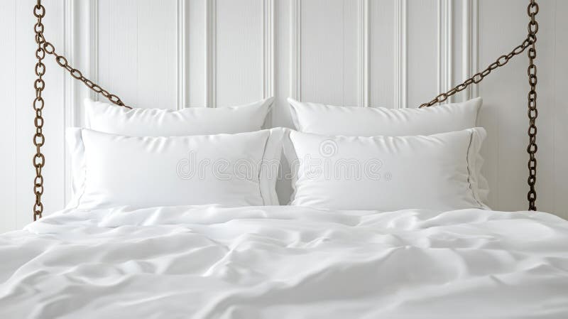Clean White Bed with Soft Pillows and Chains on Each Side Symbolizing ...