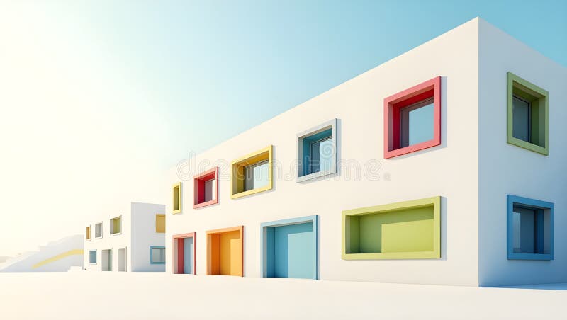 Clean White Building FaÃ§ade with Bold Pops of Color on Window Frames ...