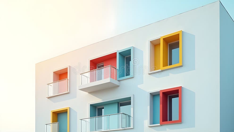 Clean White Building FaÃ§ade with Bold Pops of Color on Window Frames ...