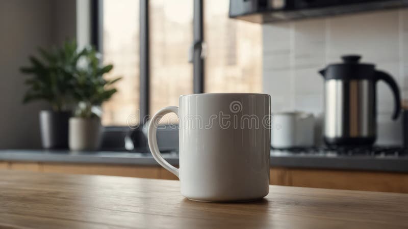 Clean White Coffee Mug Mockup on a Kitchen Counter. Stock Image - Image ...