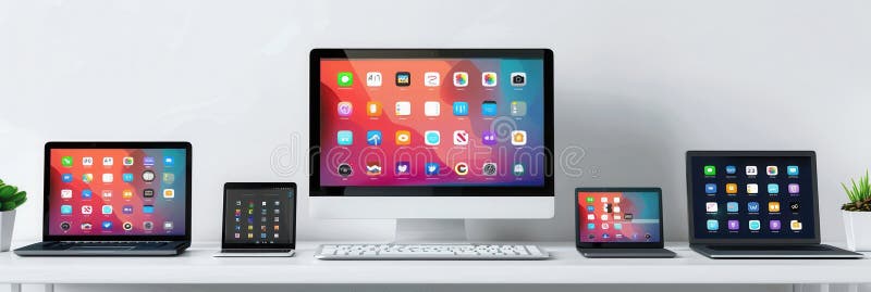 A Clean, White Desk with a Modern Desktop Computer and Multiple Laptops ...