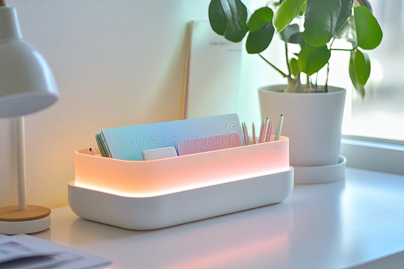A Clean White Desk with a Pastel-colored Desk Organizer and a Glowing ...