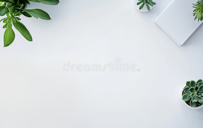 Clean White Desktop with Green Plants in Pots. Minimalist Workspace or ...