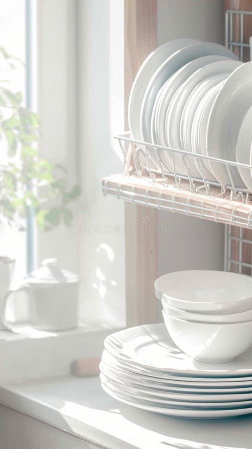 Clean White Dishes Neatly Arranged on a Practical Dish Rack Stock ...