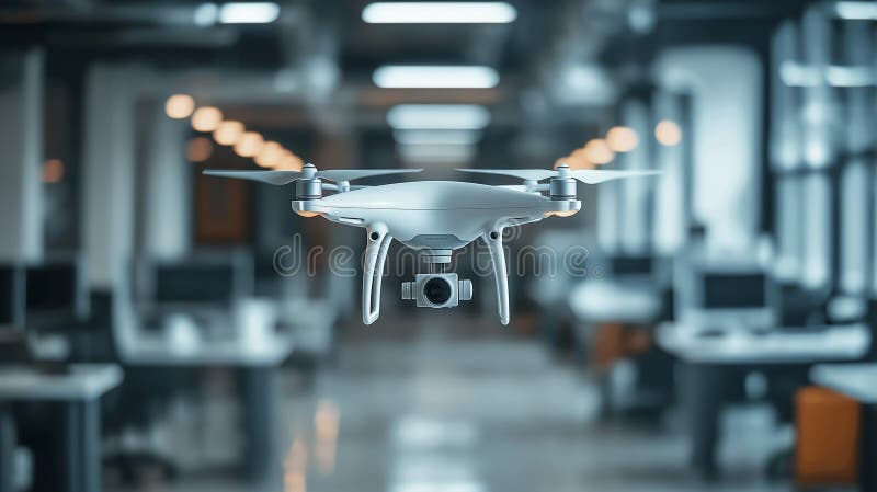 A Clean White Drone Hovering in a Modern Corporate Office Space Stock ...