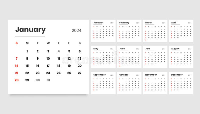 Clean White 2024 Full Page Calendar Template for New Year Stock Vector ...