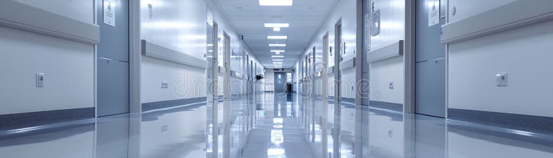 Clean, White Hospital Corridor with Polished Floors and Soft Lighting ...