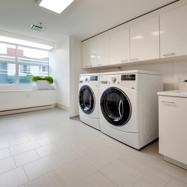 Clean and White Laundry Room with FrontLoading Washer. Generative AI ...