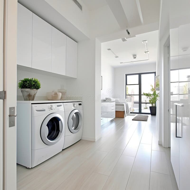 Clean and White Laundry Room with FrontLoading Washer. Generative AI ...