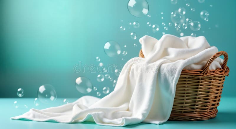 Clean White Laundry in Wicker Basket with Soap Bubbles on Mint Green ...