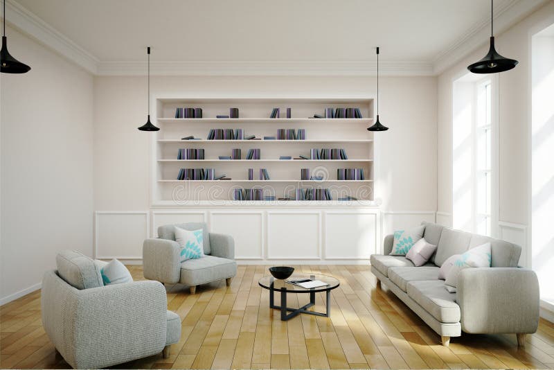 Clean White Library Interior Stock Illustration - Illustration of ...