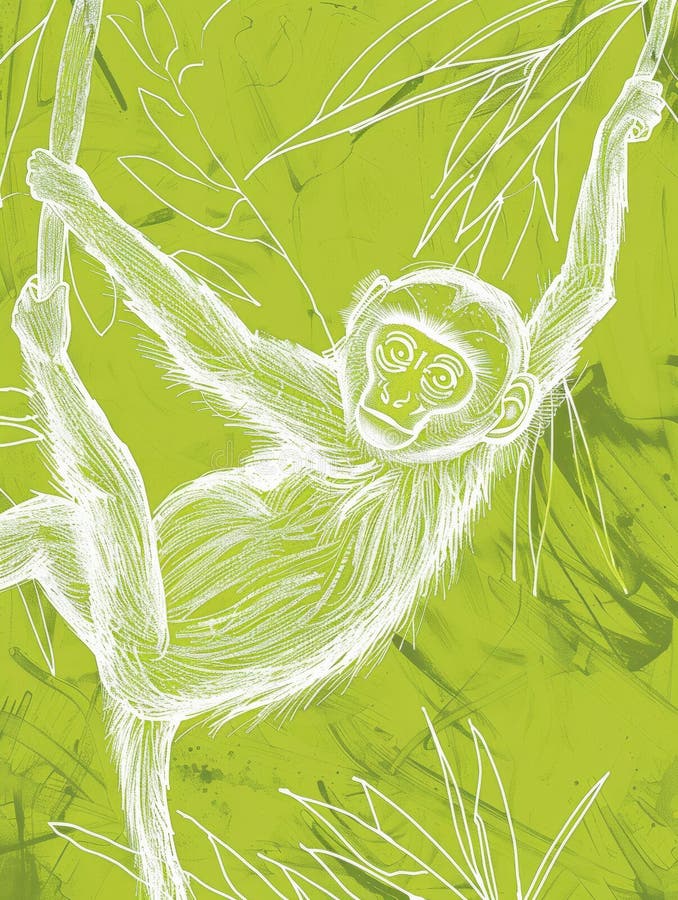 Clean White Line Art of a Monkey on a Bright Lime Green Background with ...