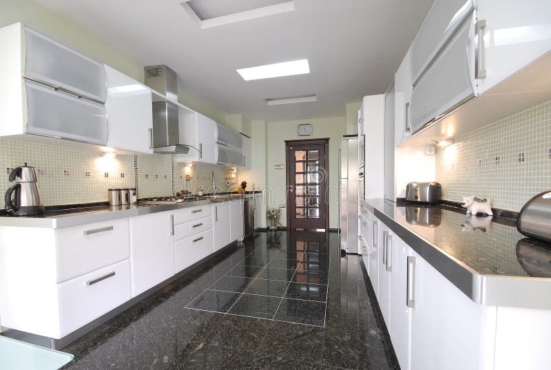 Luxurious Modern Open-Plan Galley Kitchen Stock Photo - Image of ...