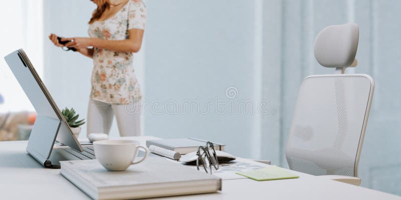 Clean White Office with a Laptop on the Table and Work Equipment. Stock ...