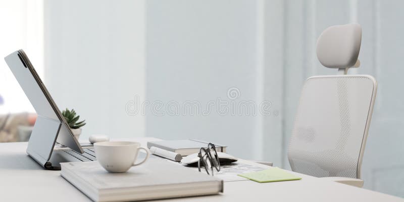 Clean White Office with a Laptop on the Table and Work Equipment. Stock ...