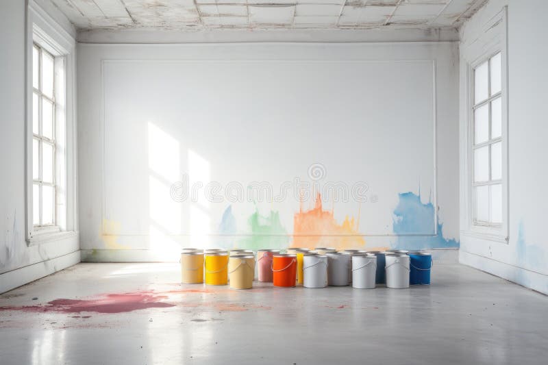 Clean White Painted Walls with Colored Paint Cans Stock Photo - Image ...