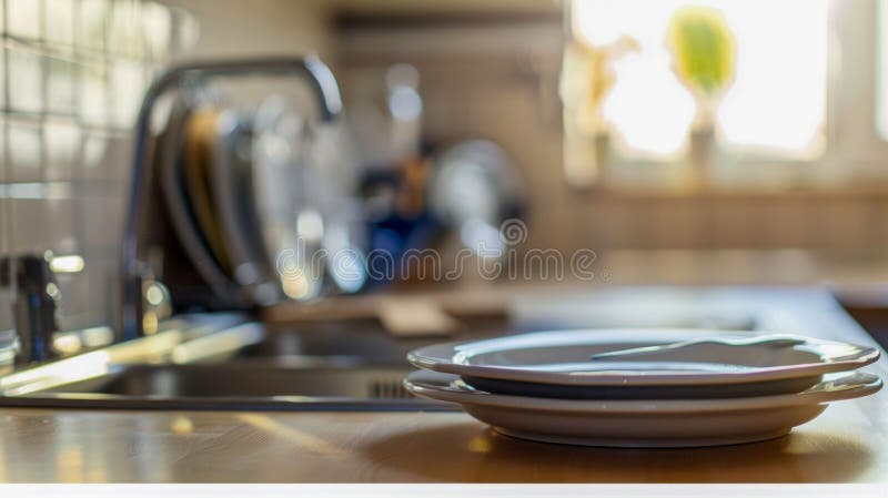 Clean White Plates Stacked on a Modern Kitchen Counter. Generative Ai ...