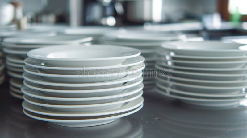 Clean White Plates Stacked on a Modern Kitchen Counter. Generative Ai ...