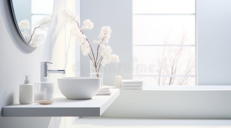 Clean White Room with Toilet, Mirror, Table and Sink, Stock ...
