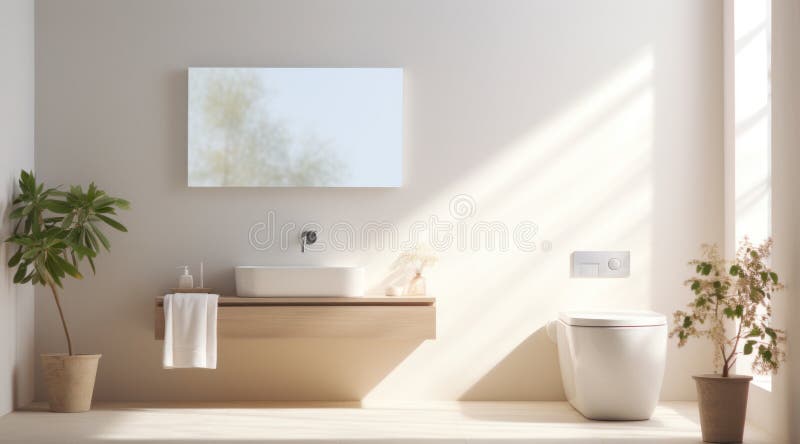 Clean White Room with Toilet, Mirror, Table and Sink, Stock ...