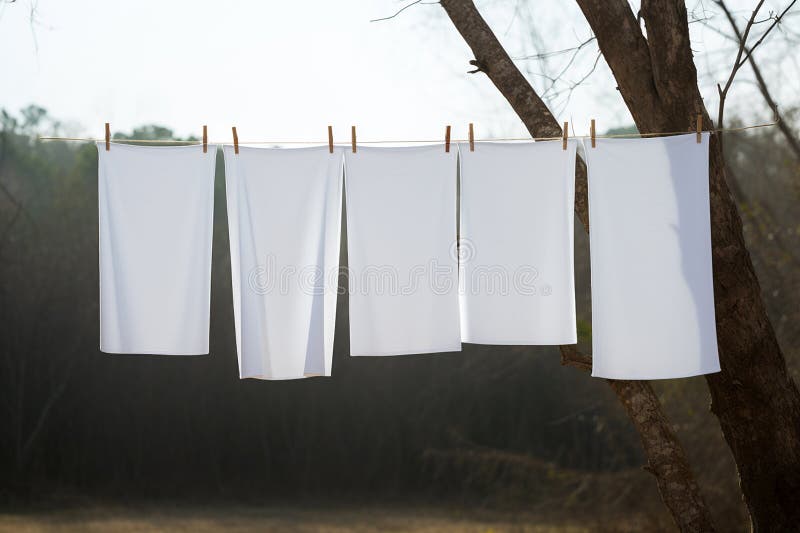 Clean White Sheets Drying on a Line. Laundry with Clothes Pins on a ...