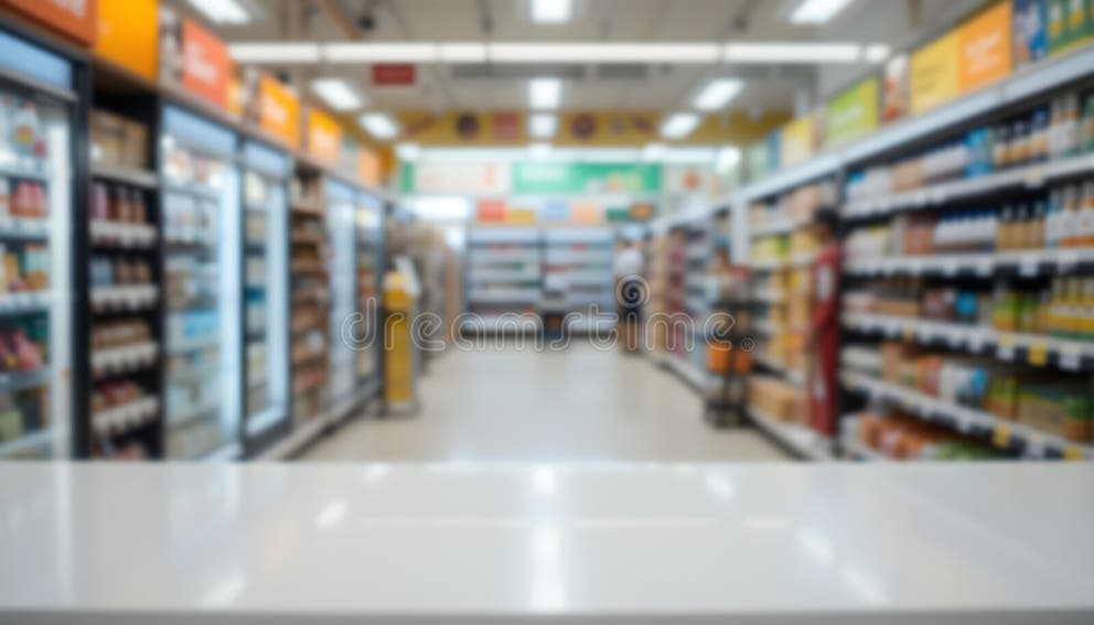 Clean White Tabletop in the Foreground with Convenience Store Interior ...