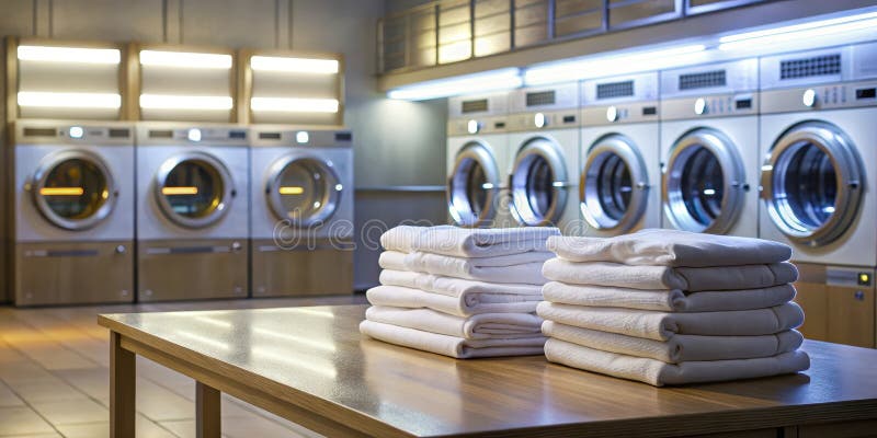 Clean White Textiles Stacked on a Table in a Modern Laundry Facility ...