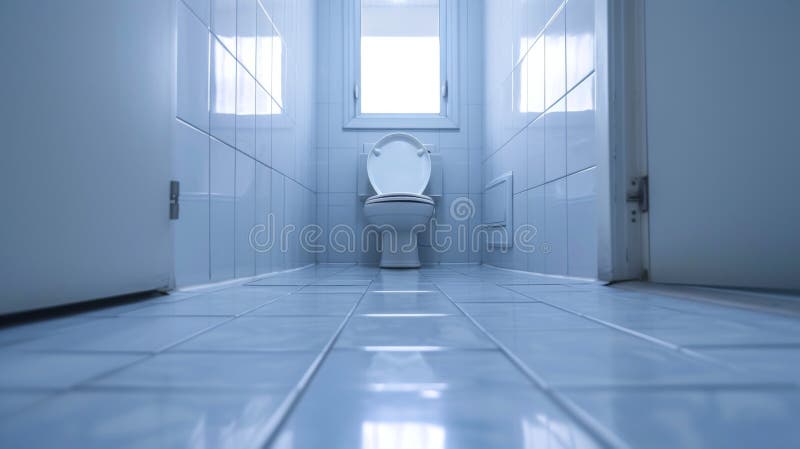 A Clean White Toilet Sits In The Center Of A Small Bathroom With Tiled
