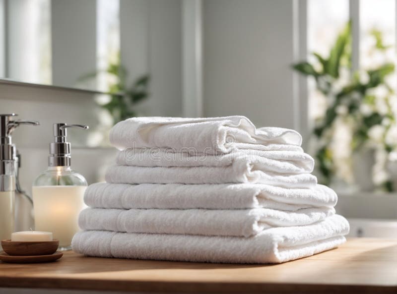 A Clean White Towel Folded on a Smooth Surface in the Bathroom. Stock ...