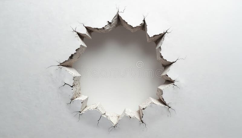 Clean White Wall Has Rough Round Hole. Broken Damaged Brick Wall Burst ...