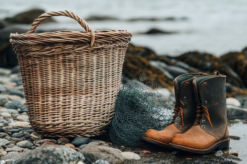 A Clean Wicker Fishing Basket Styled beside a Net and a Pair of Boots ...
