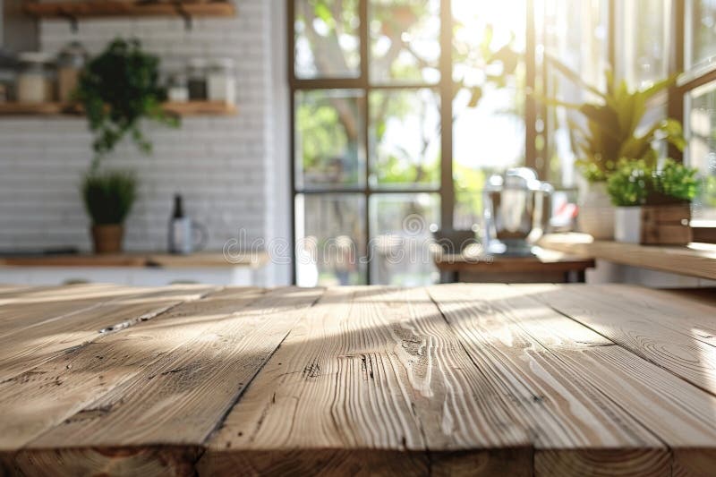 Clean Wood Table Top, Blurred Modern Kitchen Interior, Bright Setting ...