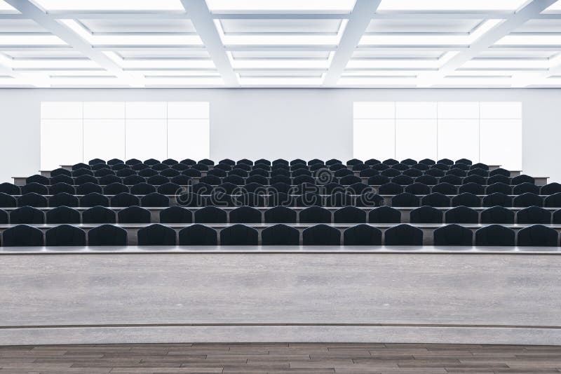 Clean Wooden and Concrete Auditorium Interior with Panoramic Windows ...