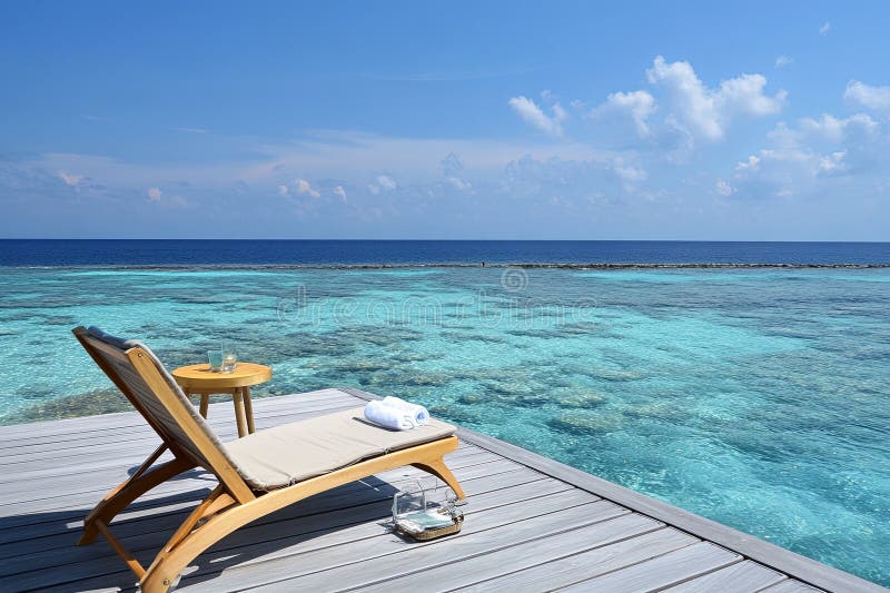 A Clean Wooden Deck Chair Facing the Sea with a Small Table beside it ...