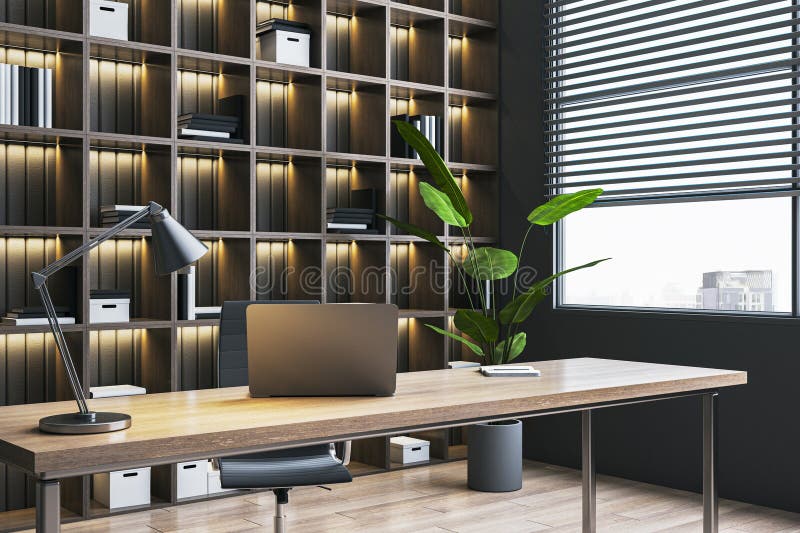 Clean Wooden Office with Shelves or Library Interior with Workplace ...