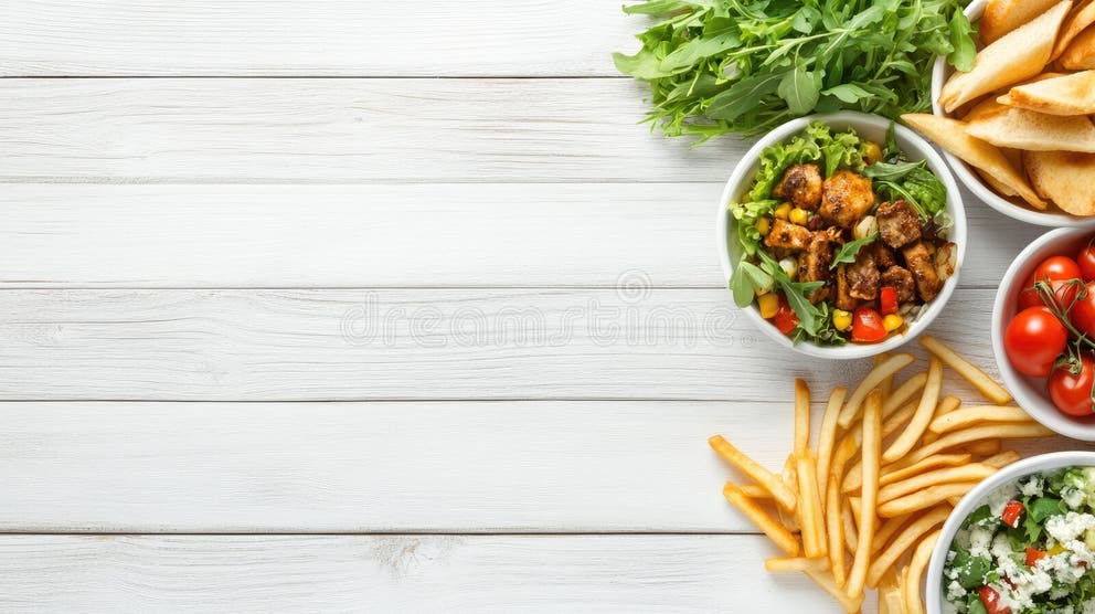 A Clean Wooden Table Displays Various Fast Food Items, Creating a ...