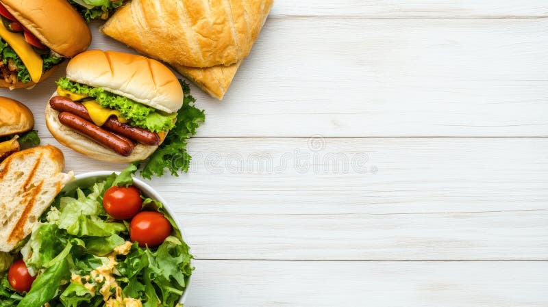 A Clean Wooden Table Displays Various Fast Food Items, Creating a ...