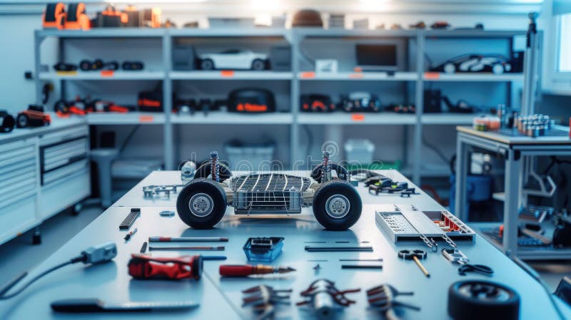 Clean Workbench with Electric Vehicle Components, Bright Lighting and ...