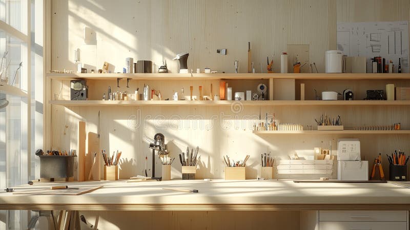 A Clean Workbench Featuring Organized Tools and Building Materials in a ...