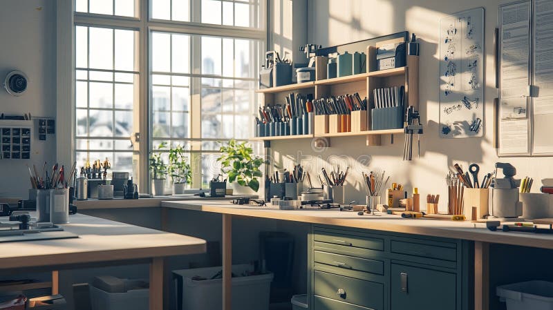 A Clean Workbench Featuring Organized Tools and Building Materials in a ...