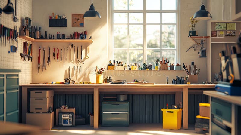 A Clean Workbench Featuring Organized Tools and Building Materials in a ...