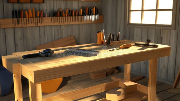 A Clean Workbench with Woodworking Tools and a Half-finished Project ...