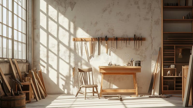 A Clean Workshop with Neatly Hung Tools and a Half-finished Wooden ...