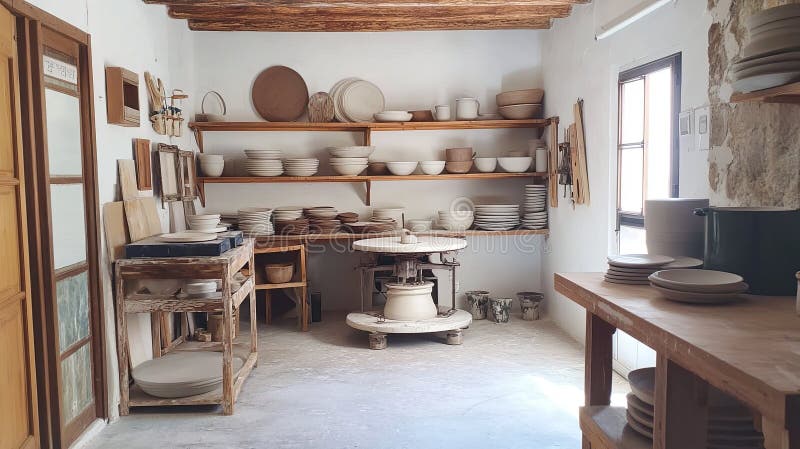 A Clean Workshop with Pottery Wheels, Drying Racks, and Neatly Stock ...