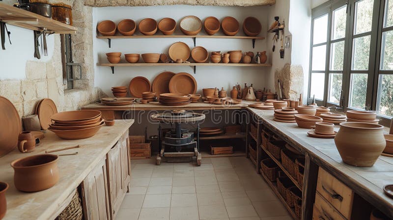 A Clean Workshop with Pottery Wheels, Drying Racks, and Neatly Stock ...