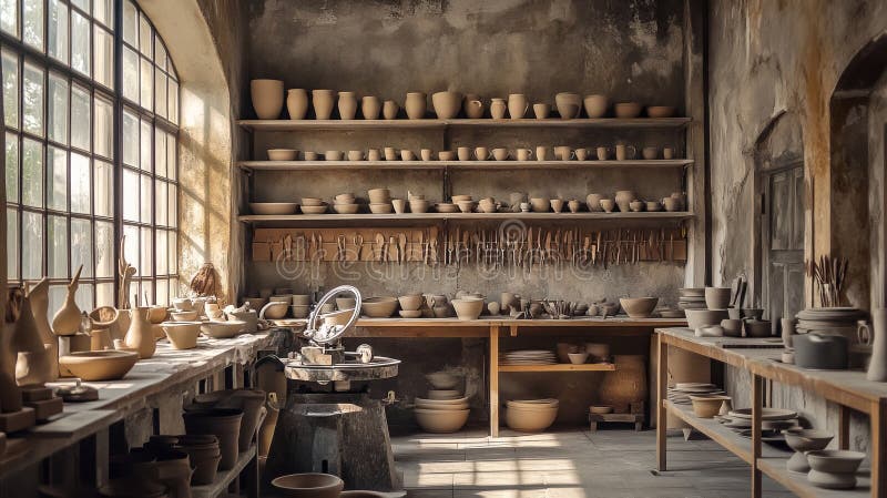 A Clean Workshop with Pottery Wheels, Drying Racks, and Neatly Stock ...