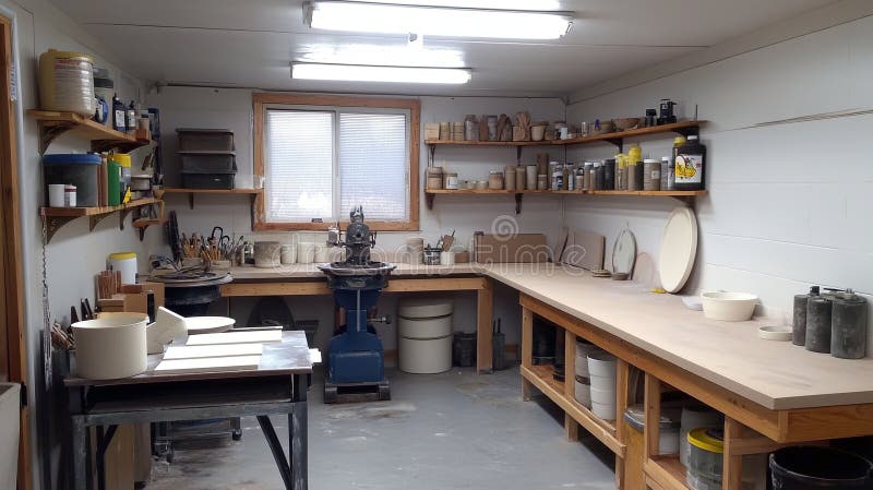 A Clean Workshop with Pottery Wheels, Drying Racks, and Neatly Stock ...